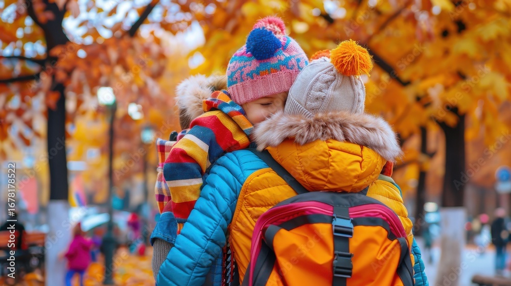 Parent carrying child in baby carrier during autumn walk, surrounded by ...