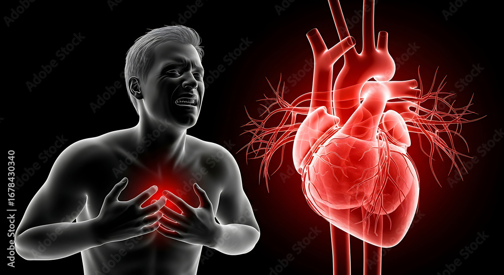 Medical illustration of a man suffering from severe chest pain, a ...