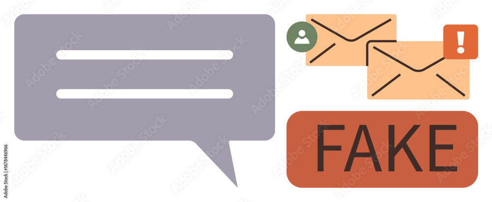 Speech bubble, emails with alert icon, and FAKE label highlight ...