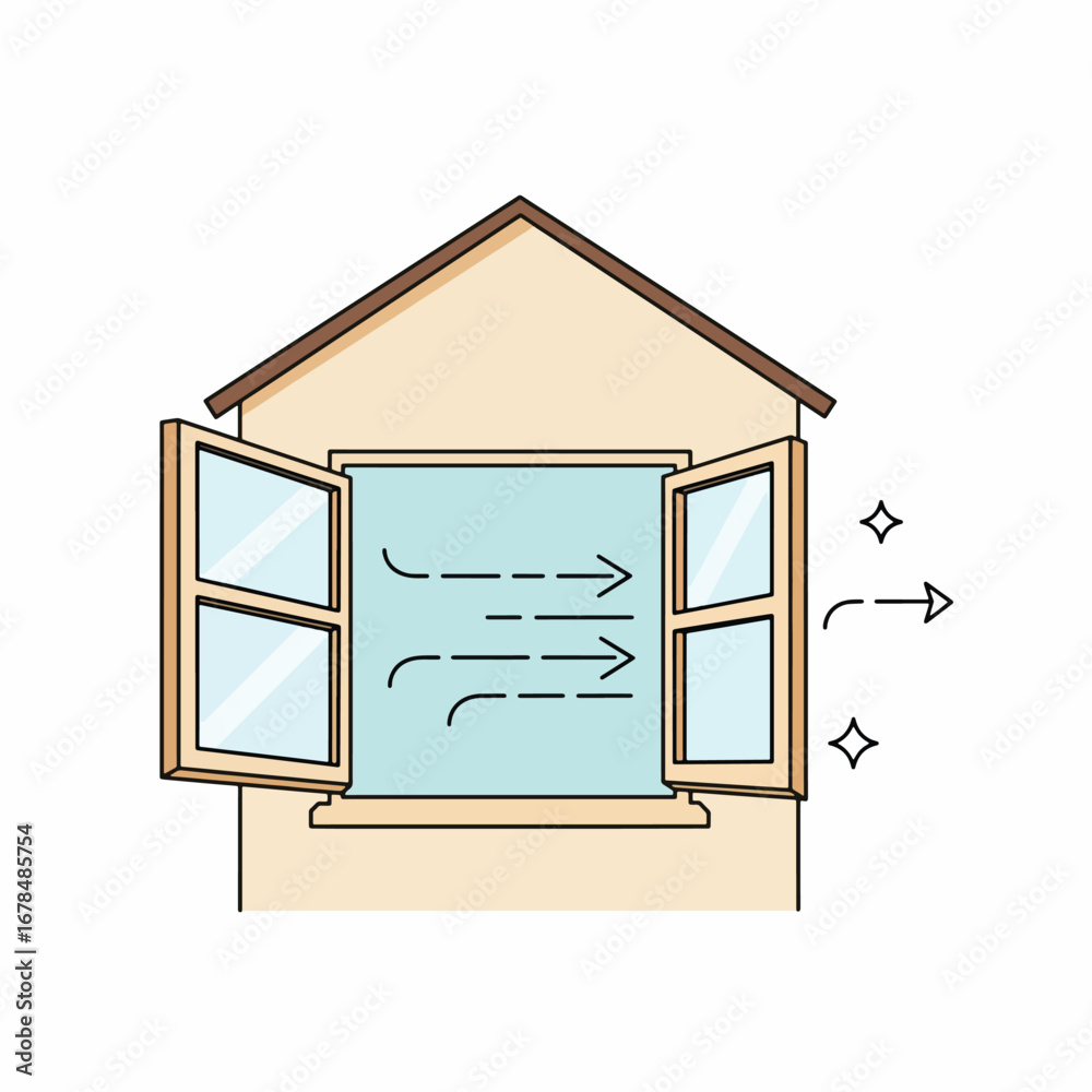 Simple illustration of a house with an open window, showing air flow ...