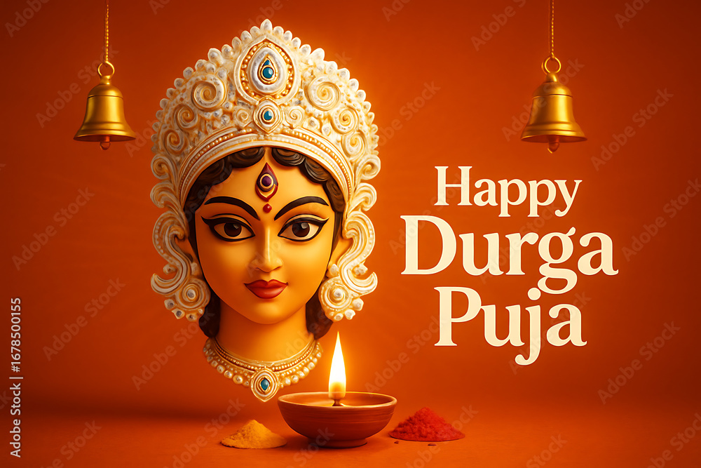 Happy durga puja greeting card with a 3d illustration of maa durga's ...
