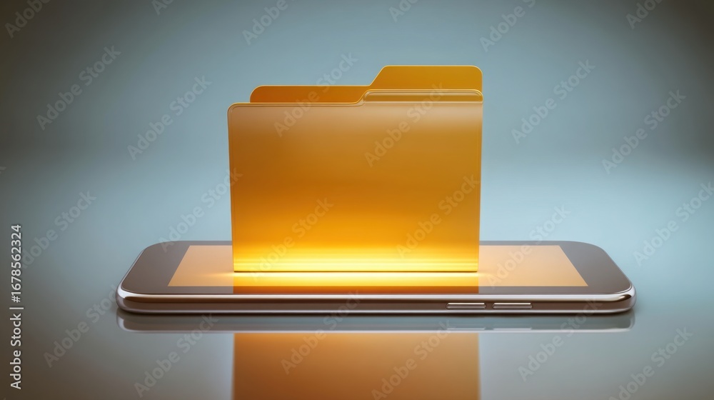 Modern smartphone displaying an illuminated folder icon representing ...