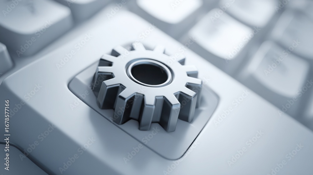 Metal gear placed on a computer keyboard representing automation ...
