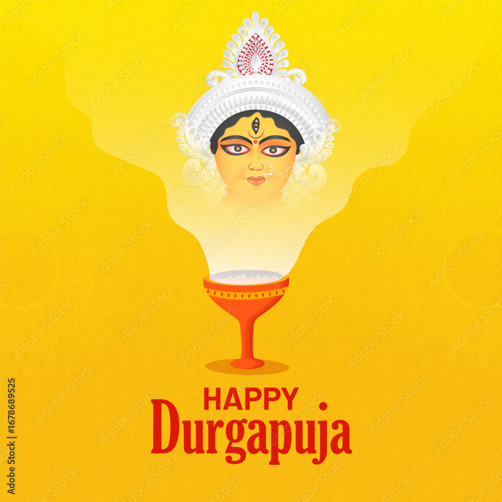 Happy Durga Puja Vector Illustration of Maa Durga and Dhunchi in Yellow ...