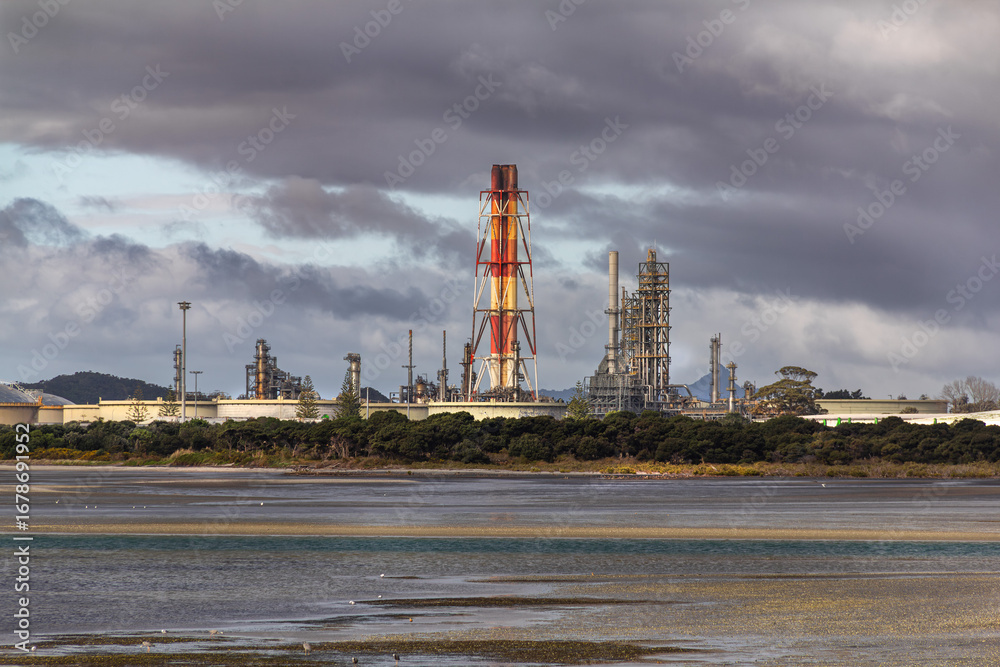 Decommissioned oil refinery at Marsden Point, New Zealand. View from ...