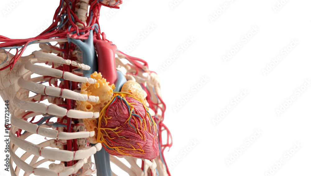 Anatomical illustration of human torso with heart and blood vessels ...