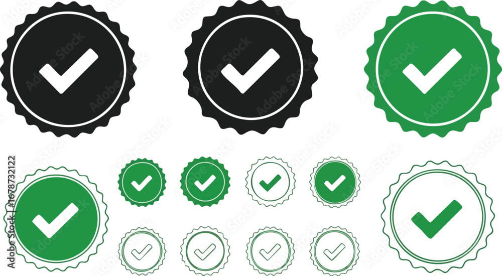 Approved black and green check mark icons for business process and ...