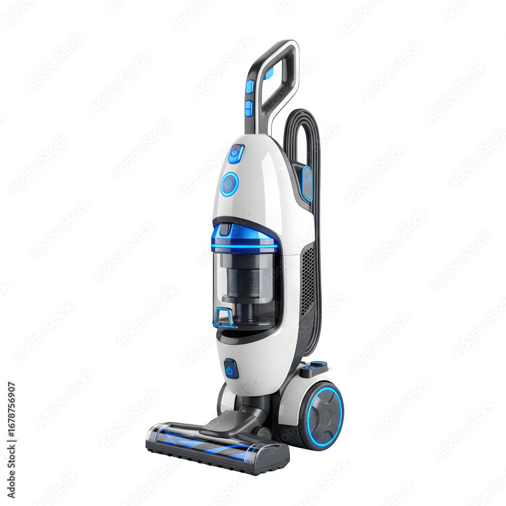 Modern white and blue upright vacuum cleaner with a powerful suction ...