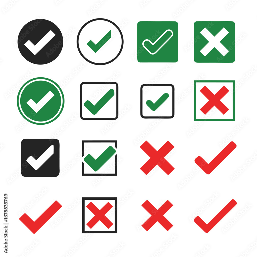 Collection of various check mark and cross icons in different shapes ...