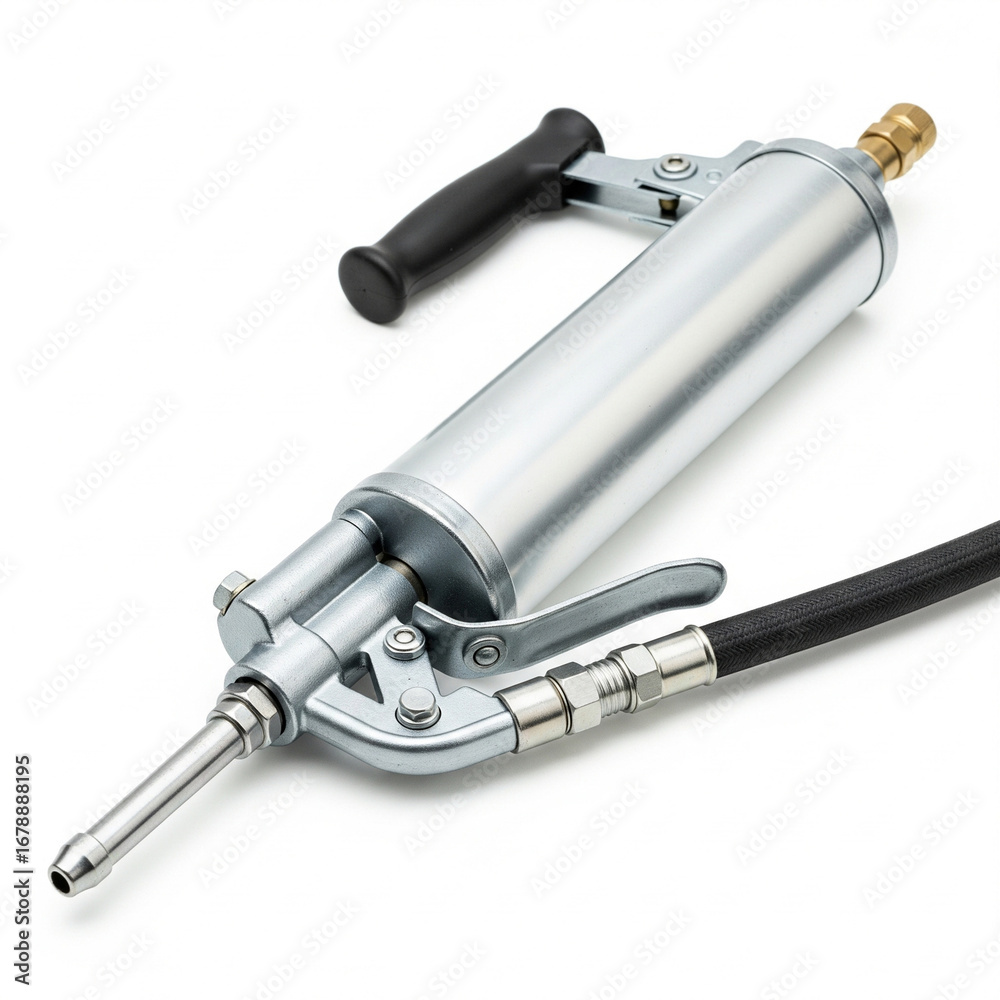 Manual hand-operated grease gun with a pistol grip handle and flexible ...