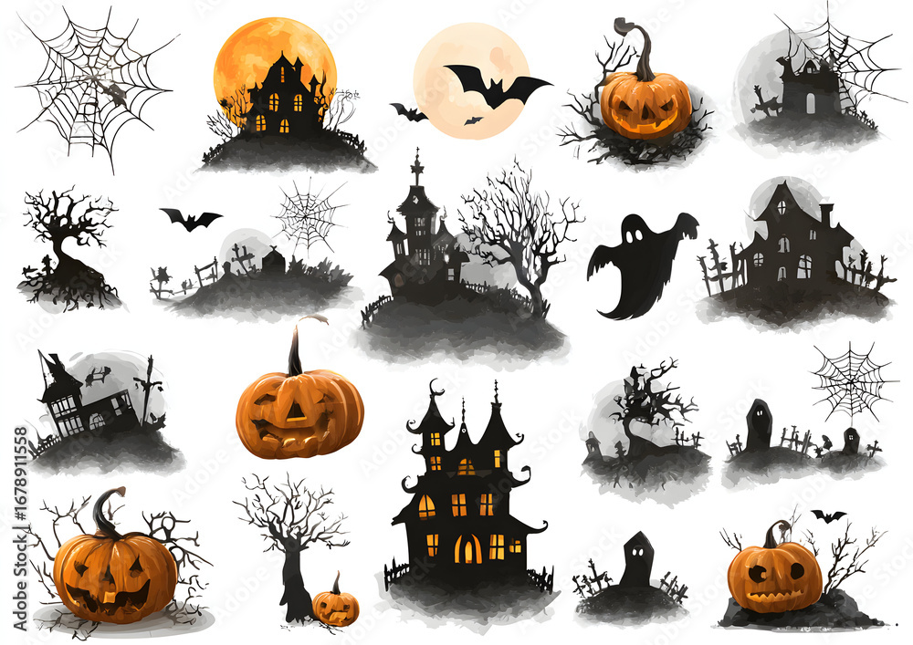 Spooky halloween elements depicting haunted houses, pumpkins, and ...