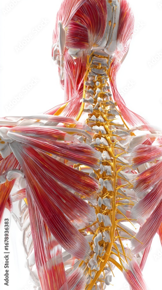 Detailed 3D medical illustration of back muscles with spine highlighted ...
