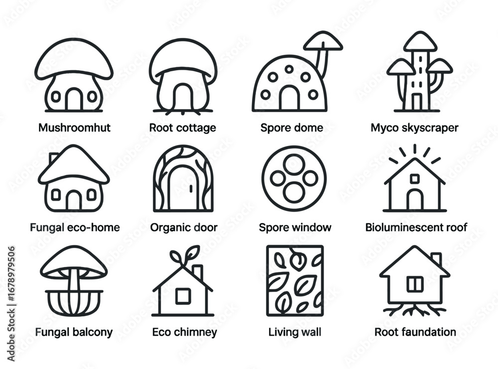 Eco-Fungal Housing Icons. Outline icon set of Eco-fungal housing ...