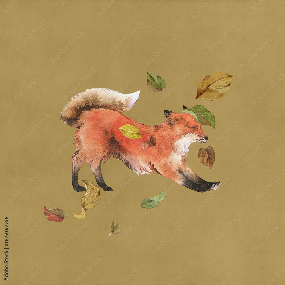 Autumn red fox, wild animal with falling leaves Stock Illustration ...