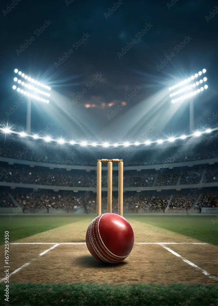 Cricket stadium at night under stadium lights with stumps and ball on ...