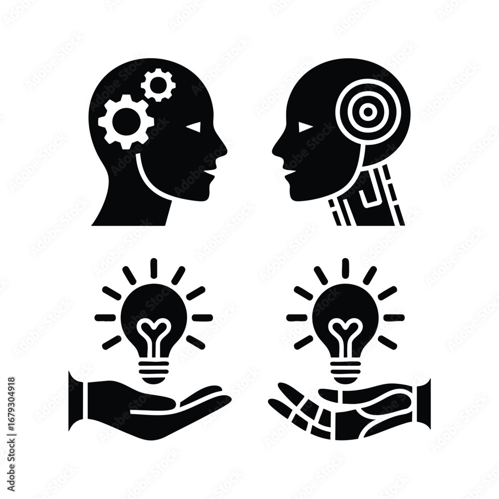 Human-AI collaboration icon set human and robot head with gears between ...