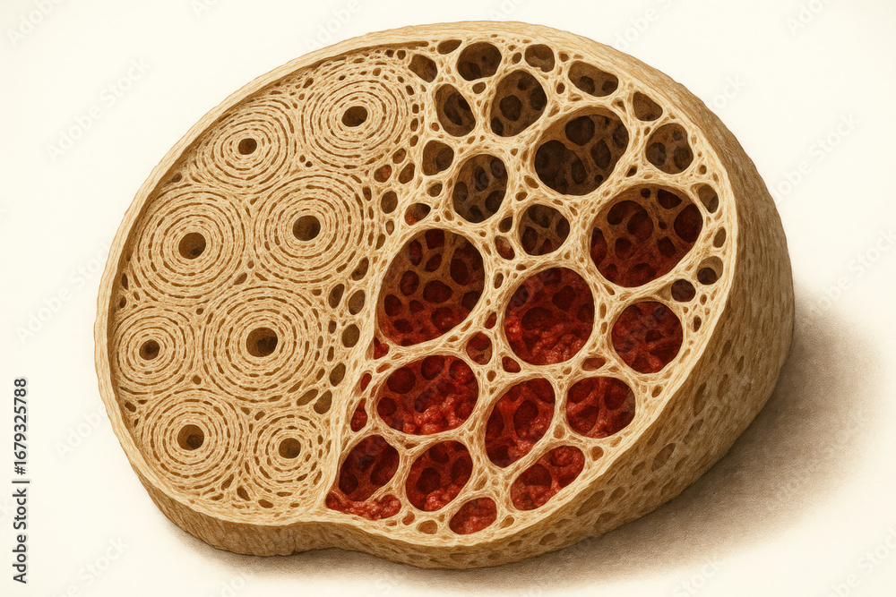 Bone Structure Cross-Section Illustration: Compact and Spongy Bone, red ...