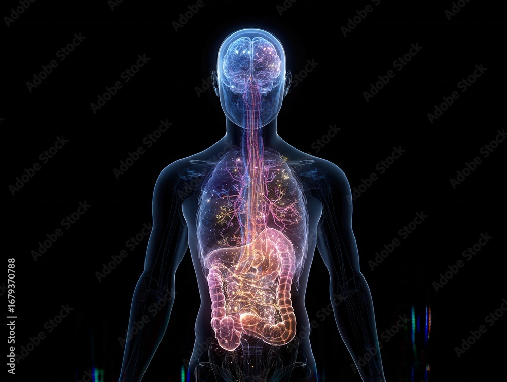Translucent human anatomy showcasing the brain, lungs, digestive system ...