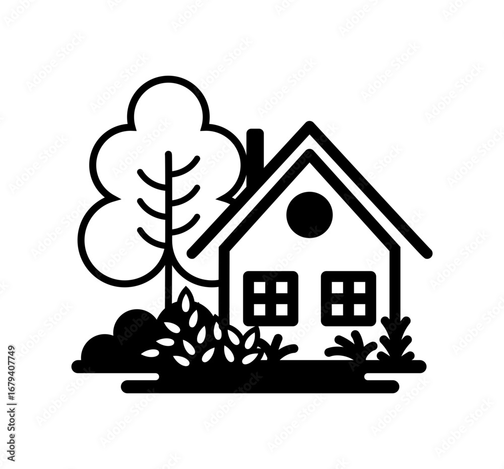 Simple black and white icon of a house with a tree and foliage ...