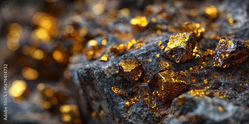shiny gold nuggets embedded in raw mineral rock exhibiting rich ...