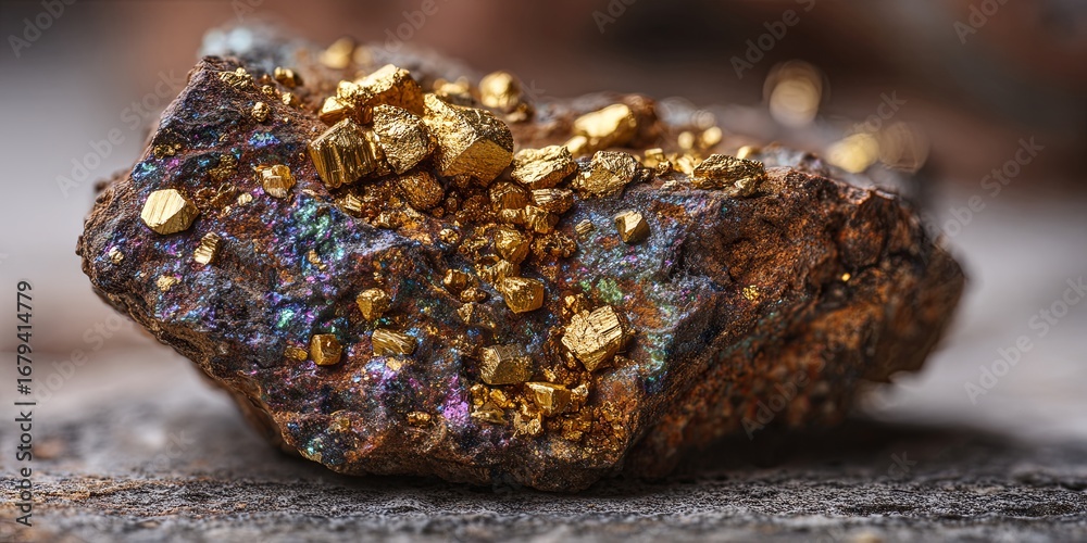 shiny gold nuggets embedded in raw mineral rock exhibiting rich ...