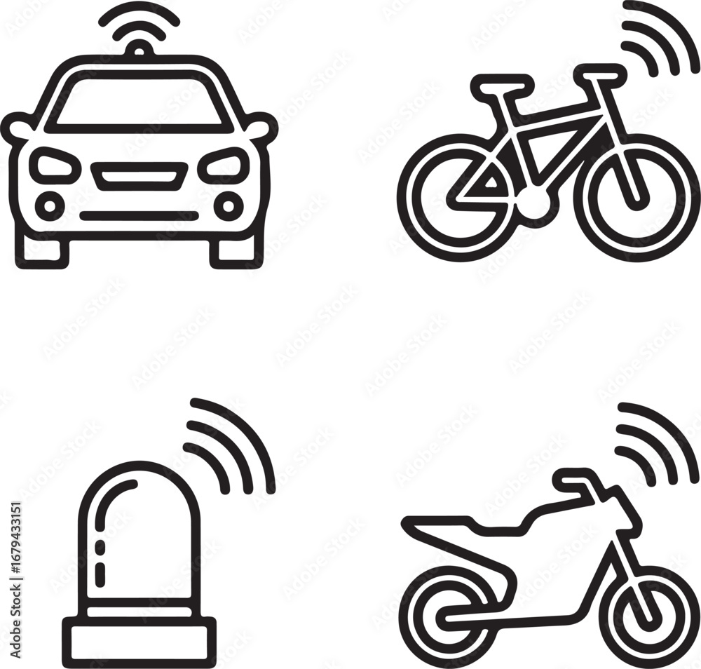 Vehicle Security Outline Icons Pack Car Alarm, Bike Anti-Theft Siren ...