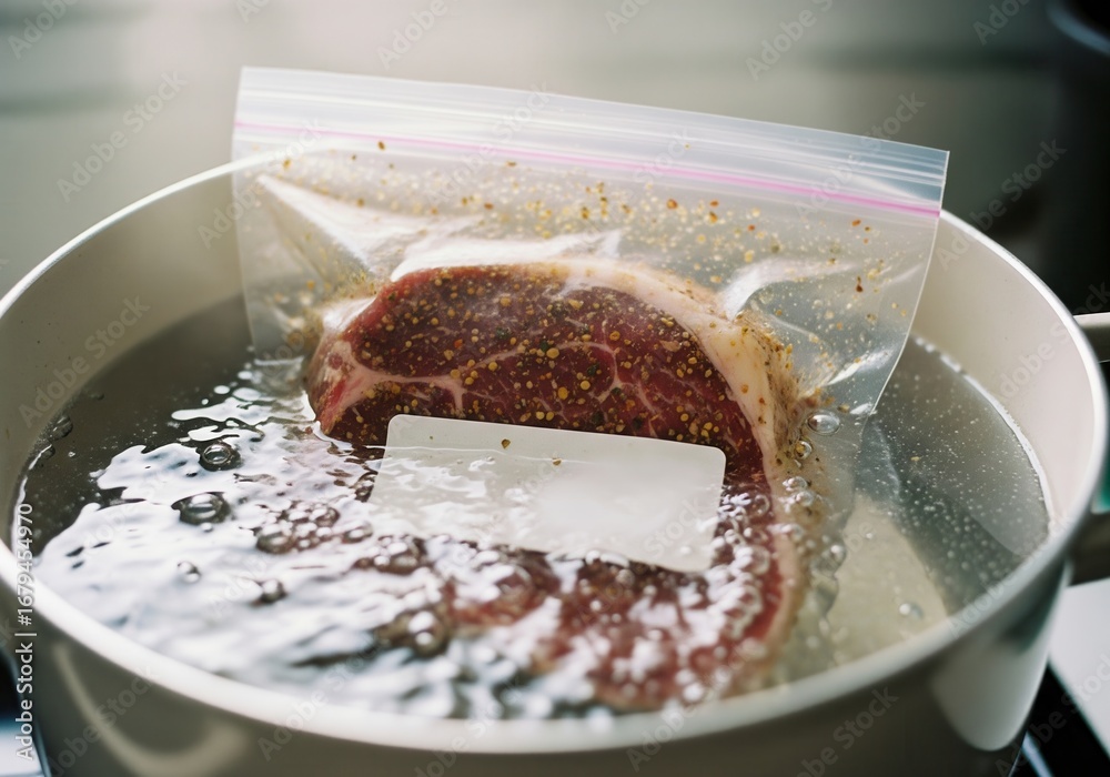 Seasoned raw steak cooking with the sous vide method in a water bath ...