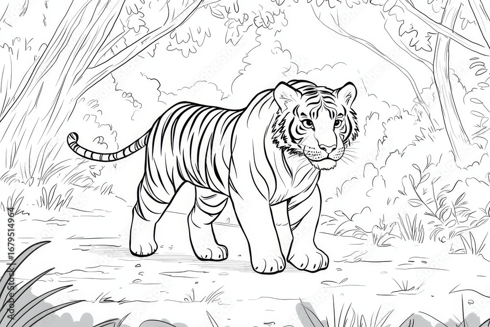 Cute cartoon tiger coloring page for toddlers, simple black and white ...