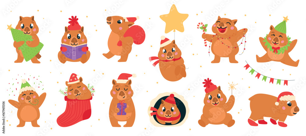Christmas wombat characters. Cute cartoon wombats wear xmas accessories ...
