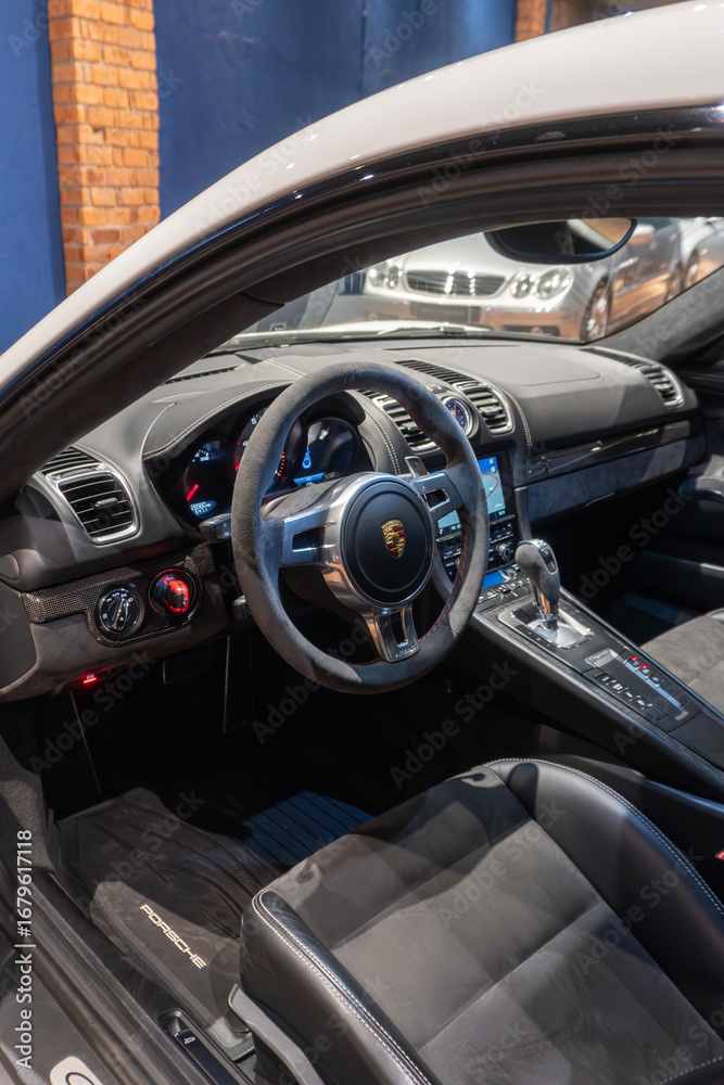 Cockpit of a Porsche Cayman GTS with Alcantara interior, View from the ...