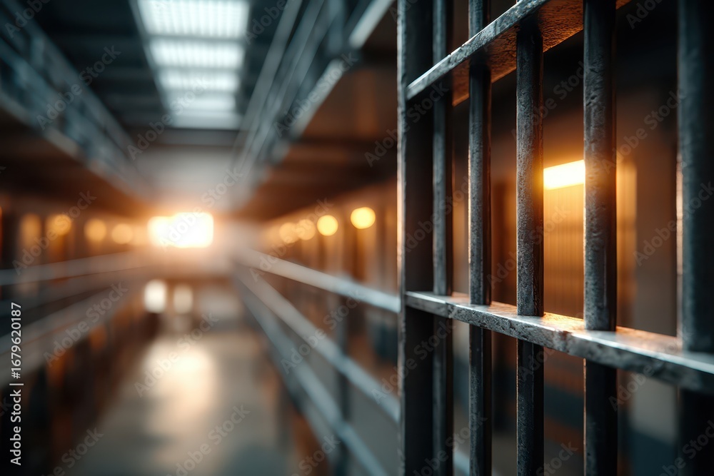 Gritty prison bars in focus, bright light at the end of a long, dim ...