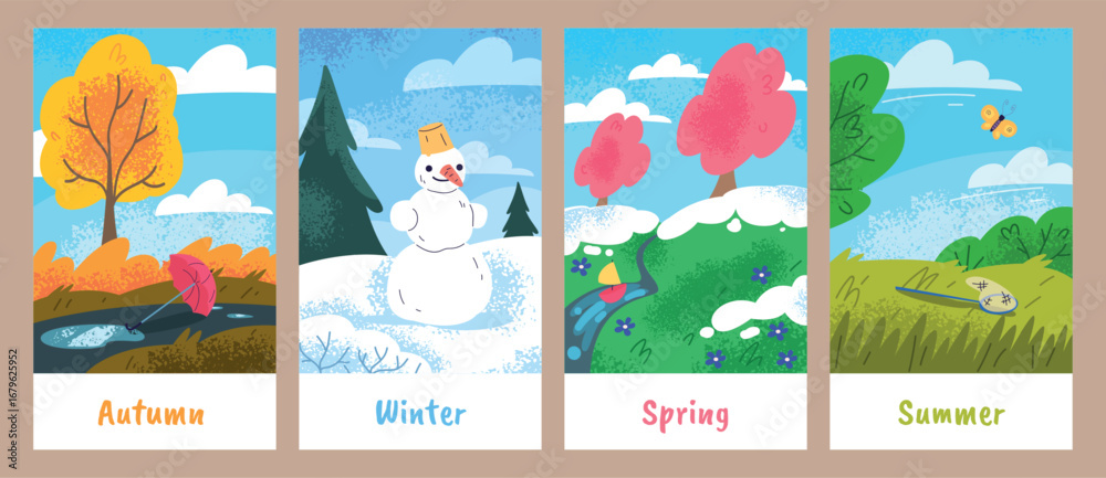Four season cards. Autumn winter spring summer nature landscapes cover ...