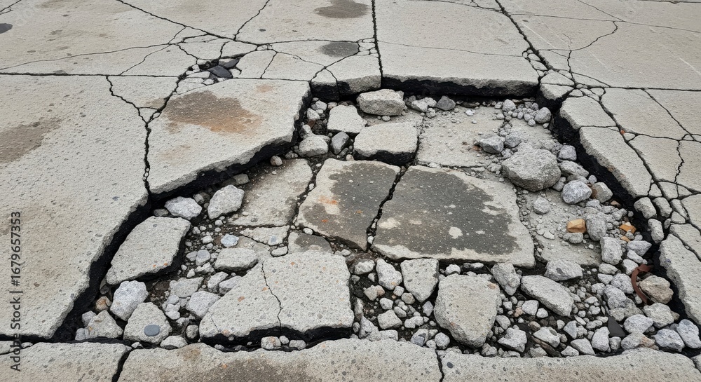 Cracked concrete surface with large missing section filled with broken ...