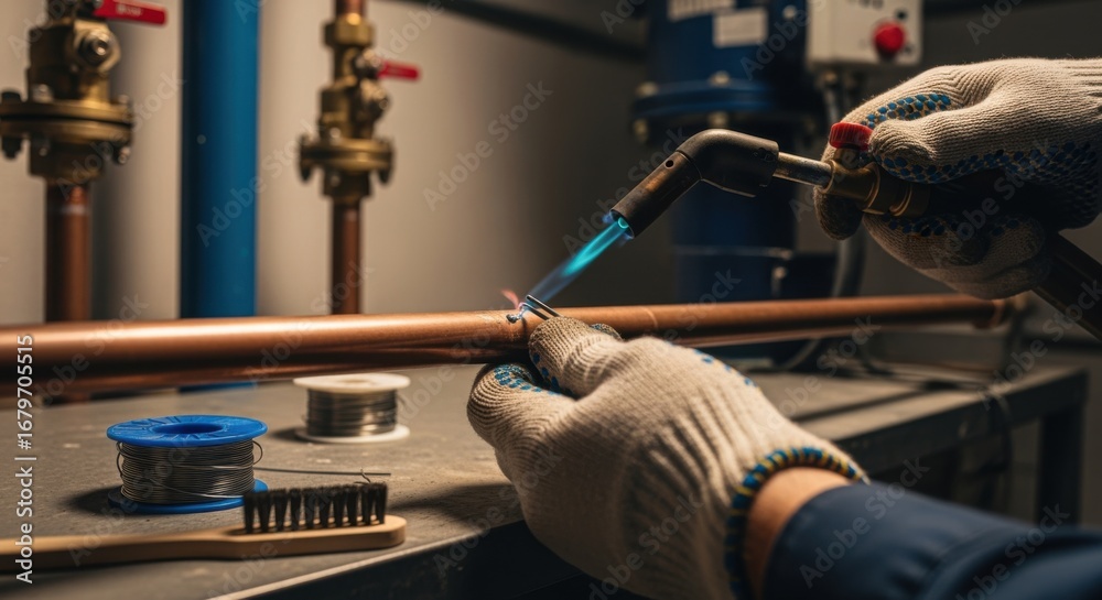 Fotografie Repairing a pinhole leak on copper piping in a commercial ...