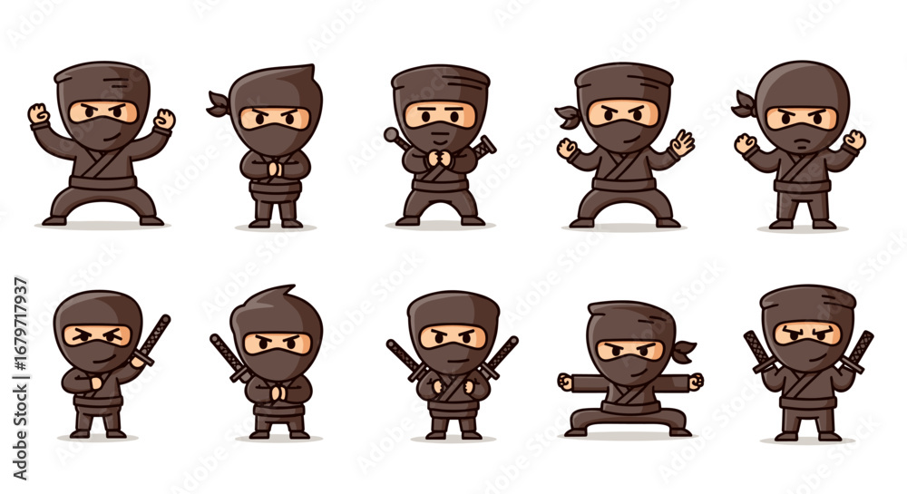 Cartoon ninjas pose with swords and gestures. Martial arts, cute ...