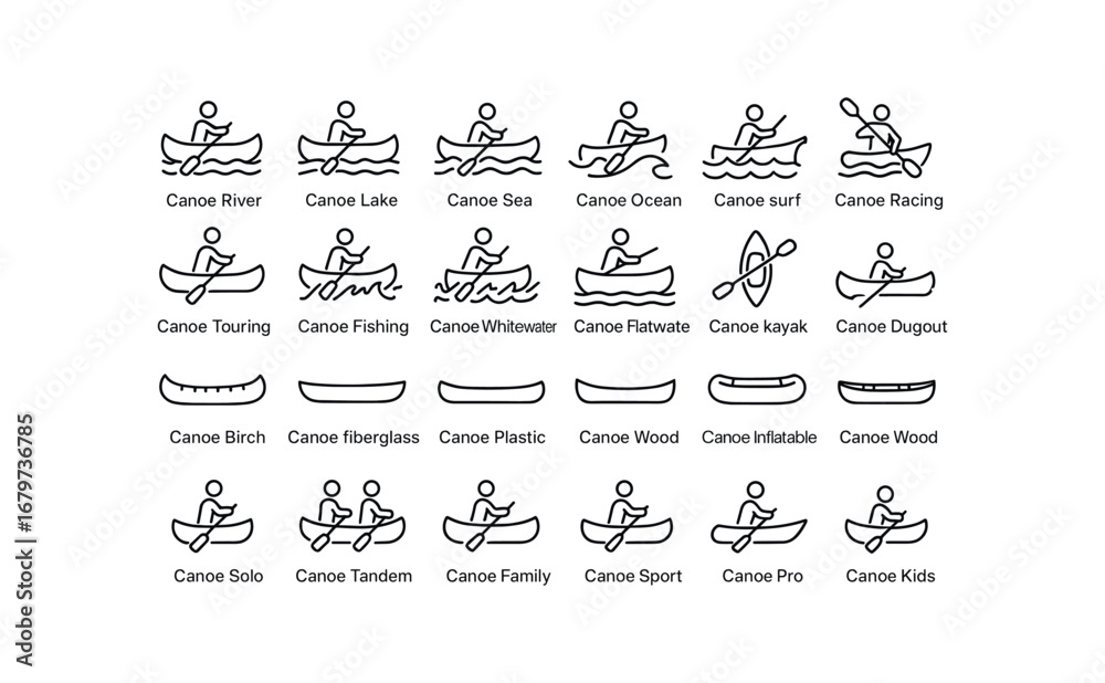 vector outline icons Canoe (Types) canoe river canoe lake canoe sea ...