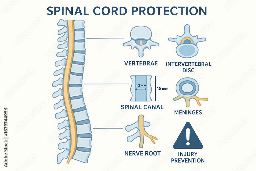 Spinal Cord Protection Anatomy Illustration - Vertebrae, Disc, Canal ...
