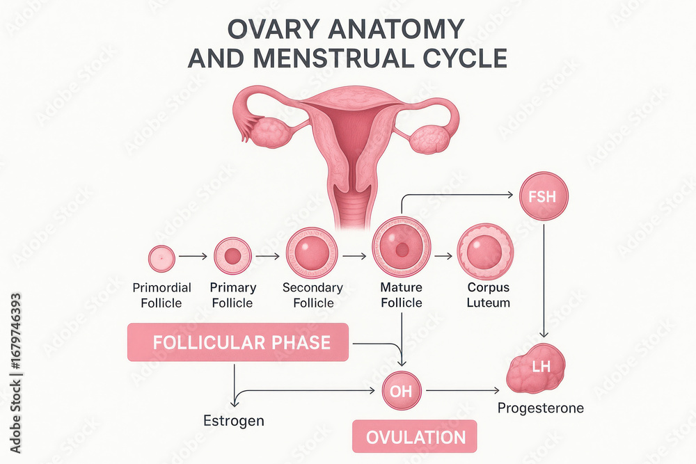 Ovary Anatomy and Menstrual Cycle Illustration - Follicular Phase ...