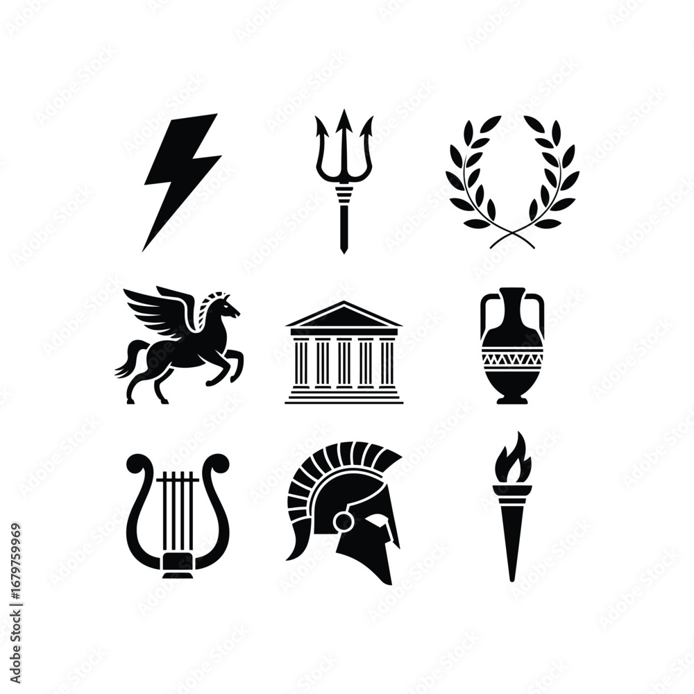 Ancient greek mythology symbols collection featuring zeus's lightning ...
