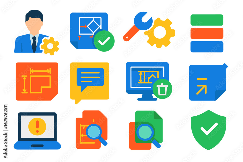 CAD Standards Icons. Flat vector icons of CAD standards and validation ...