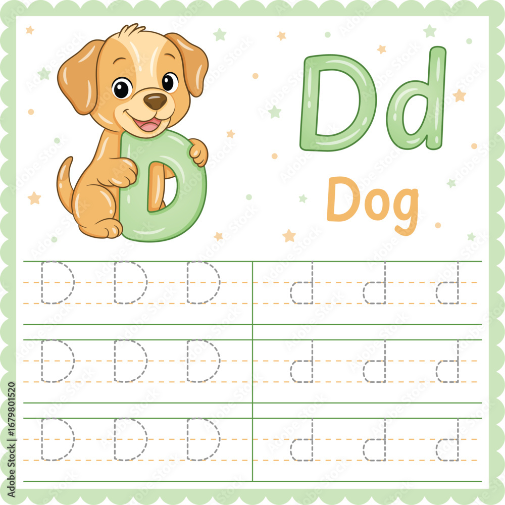 Letter D Tracing Worksheet Cute Dog Alphabet Printable for Kids Stock ...