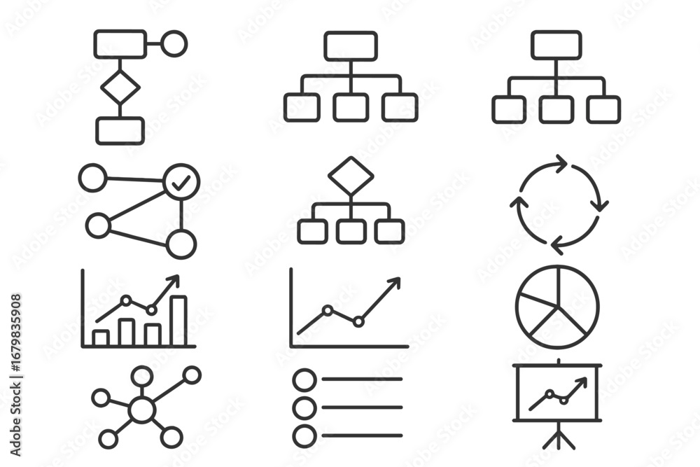 Flowchart, algorithm, and data analysis outline icon set. Business ...