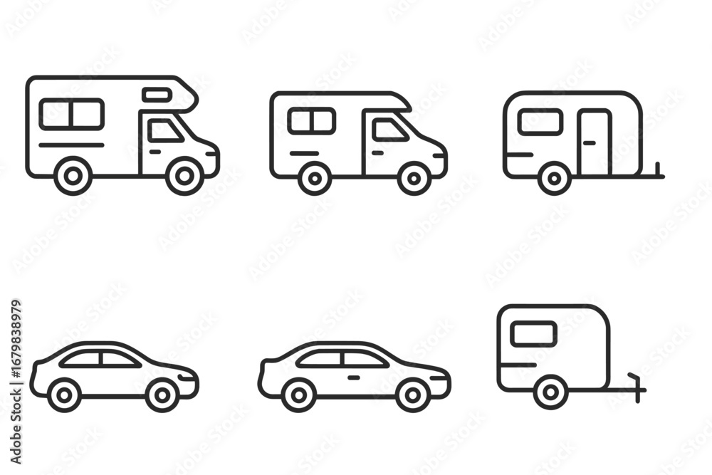 Car and motorhome line icon set. RV, camper, trailer vector outline ...