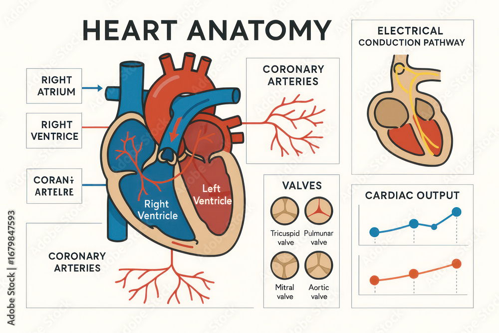 Heart Anatomy Diagram Illustration, Cardiovascular System, Heart Valves ...