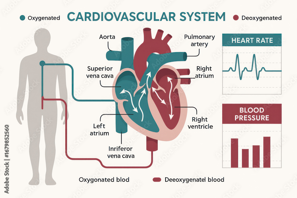 Cardiovascular System Diagram: Illustration of the human heart, blood ...