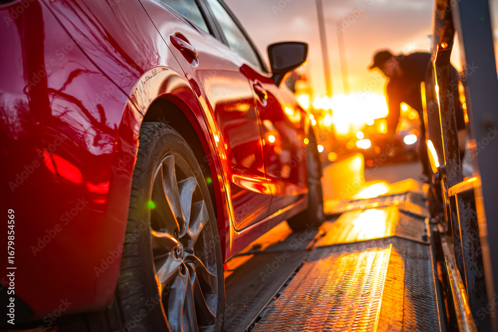 Red car being loaded onto a tow truck during sunset Stock Photo | Adobe ...