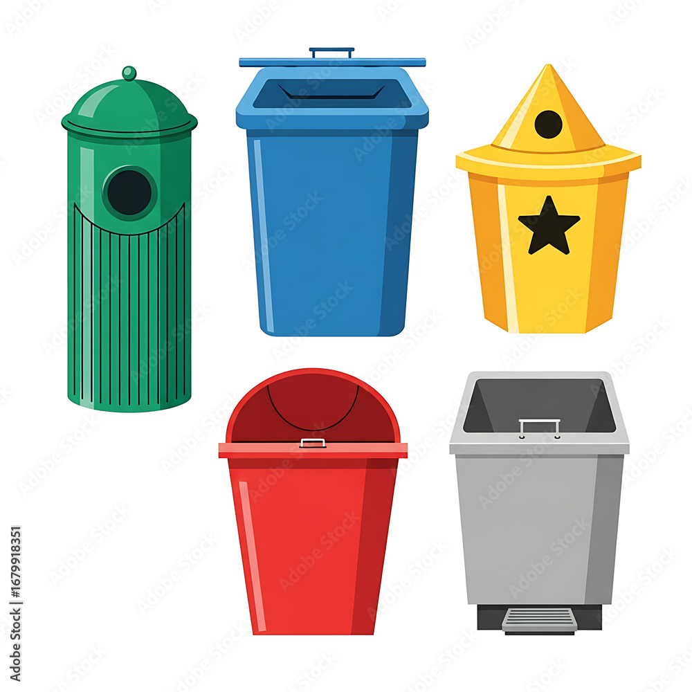 Collection of five different types of trash cans and bins Stock Photo ...