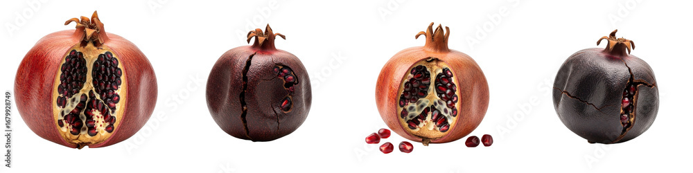 Pomegranates reveal seeds in various stages of decay. Healthy fruit ...