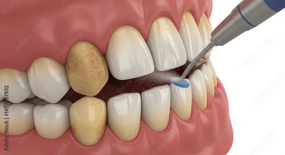 Dental cleaning with scaler and spray. Showing scale removal. One molar ...