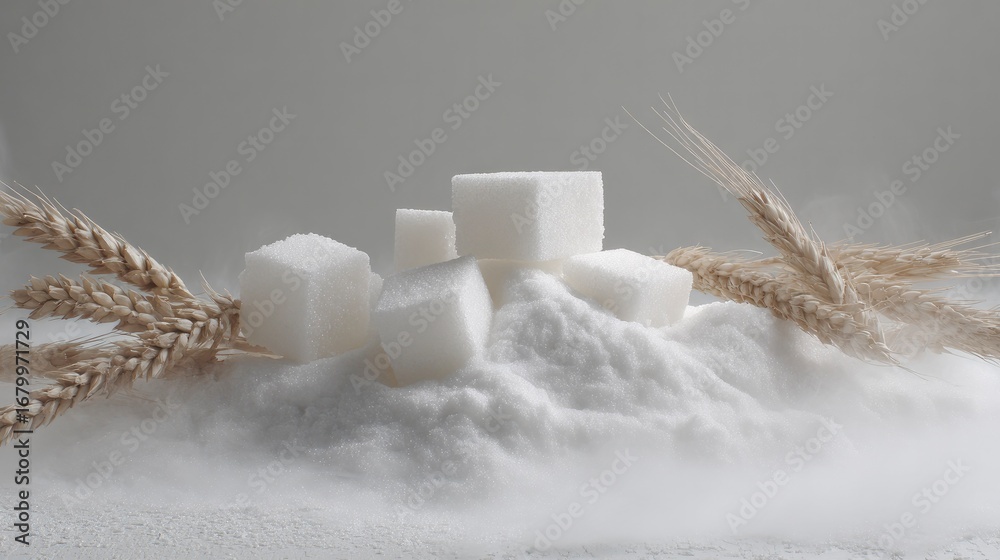 Crystalline sugar cubes and wheat stalks dissolving into mist ...